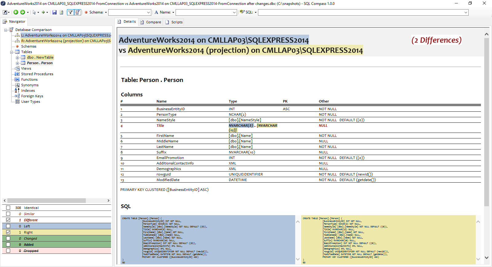 Comparison And Projection of databases in SQLCompass - SQLCompass
