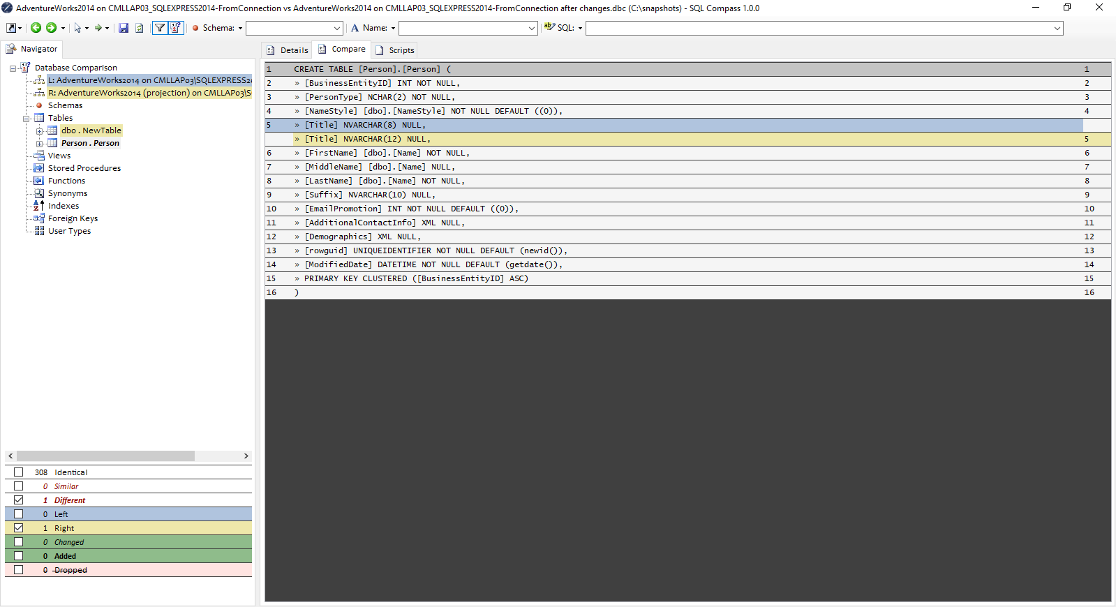 Comparison And Projection of databases in SQLCompass - SQLCompass